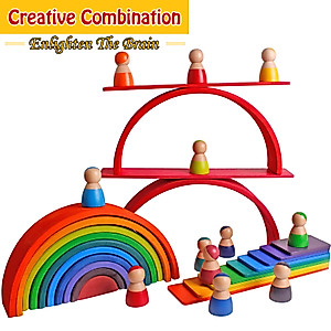 Dinhon 11 PCS Wooden Rainbow Board Oversized Stacking Game Jigsaw Puzzle Building Blocks Children's Baby Toddler Toys 3 Years Old Boys and Girls Toy Gifts