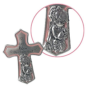 Ornate Crib Cross Decor with Ribbon Baby Girl for Baptism, Christening, Baby Shower "God Bless Our Baby Girl"