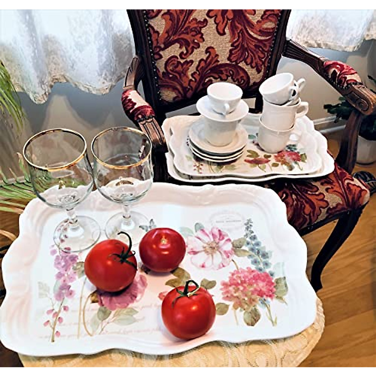 14.7x9.7 Medium Melamine Serving Tray for Eating Melamine Serving Platter Plastic Serving Tray with Handles Floral Resin Breakfast Tray for Veggie Cupcakes Outdoor Medium Serving Tray with Prints