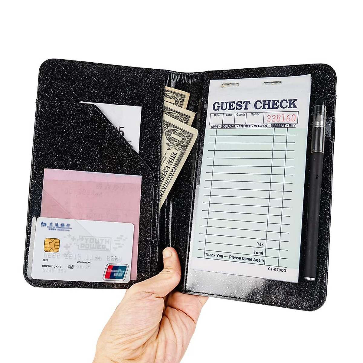 Glitter Server Book for Waitress,Restaurant Server Book for Waiter,Guest Check Serving Book with Pen Holder for Waiter Server Wallet(5x8 Black)