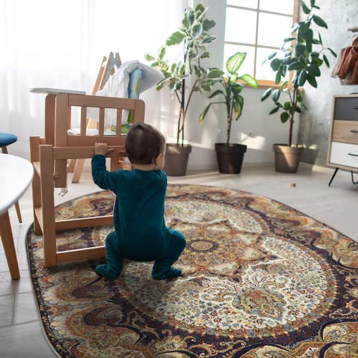 Boho Tribal Area Rug 4'x6', Washable Persian Distressed Large Throw Mat Soft Faux Wool Bohemian Bedroom Rug Nursery Carpet Black Rug Accent Rugs for Living Room Dining Entrance Home Decor