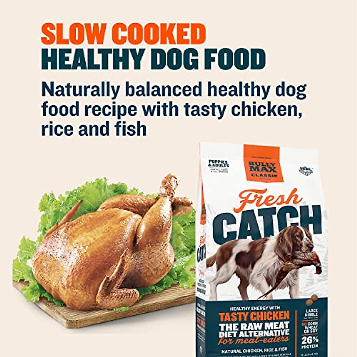 Bully Max Classic Fresh Catch Chicken, Rice & Fish Recipe - Slow-Cooked, Nutritious Puppy & Dog Food, Large Kibble Wholesome Dog Food, Natural Dog Food w/Added Vitamins, Minerals, & Nutrients, 12 lbs
