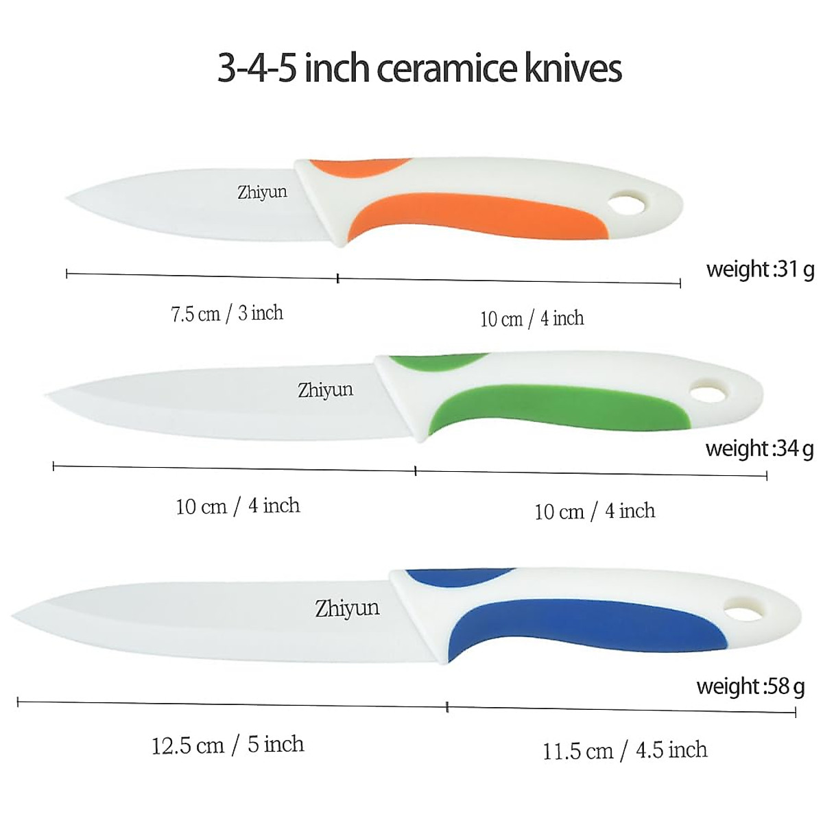 3 Pack Ceramic Knife set with Sheaths, 5-Inch Utility Knife, 4-Inch Fruit Knife, 3-Inch Peeling Knife, Zirconia Blade with Ergonomic Handle.Use for Meat Fruit Vegetable Bread and Butter.