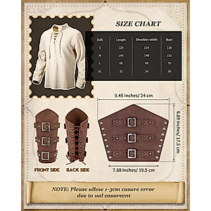 Ramede 6 Pcs Men's Renaissance Costume Set Medieval Pirate Shirt Leather Arm Guards Viking Belt Medieval Bag Accessories(X-Large)