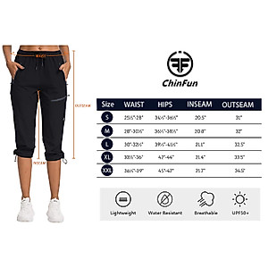 ChinFun Women's Hiking Capris Pants Outdoor Quick Dry Cargo Cropped Pants Water Resistant UPF 50+ Black XL