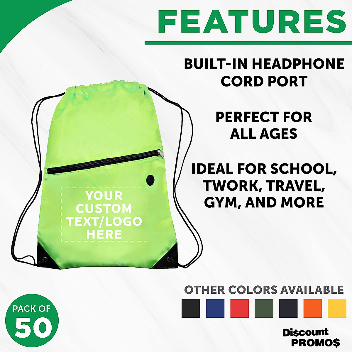 Discount Promos Custom Drawstring BackPacks with Pocket Set of 50, Personalized Bulk Pack - Water Resistant, Perfect for Gym, Camping, Beach, Outdoor Sports - Lime Green