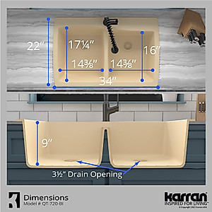 Karran QT-720 Drop-In Quartz Composite 34 in. 1-Hole 50/50 Double Bowl Kitchen Sink Kit in Bisque