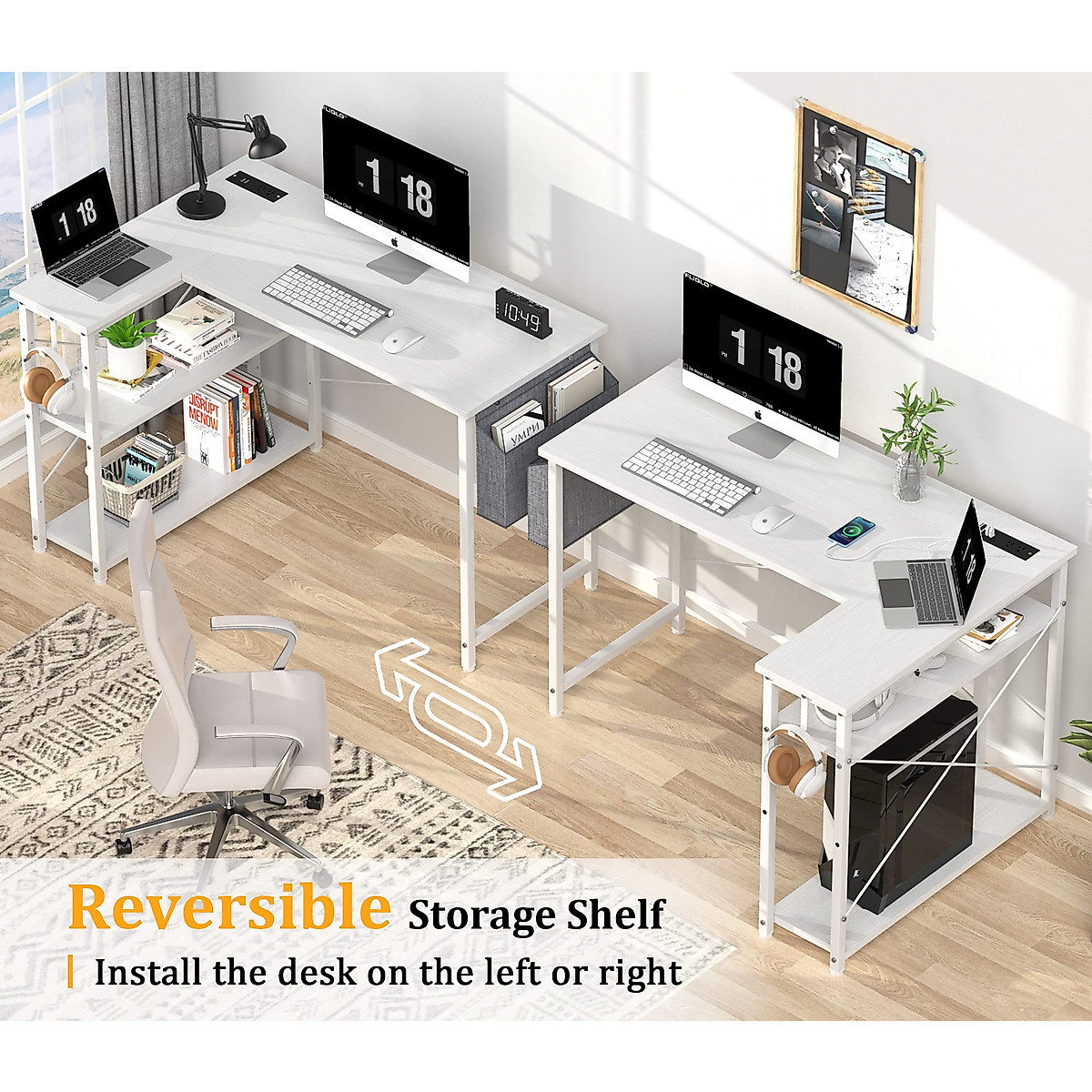 Mr IRONSTONE L Shaped Desk with Outlets & USB Ports, Reversible 47 Inch Office Desk, Corner Desk for Small Space, Home Office Desk with Storage Bag & Hook, White