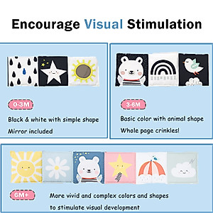 Baby Steps Angel Bear Black White High Contrast Baby Soft Cloth Book Tummy Time Toys,Baby Safe Mirror Teether Early Educational for Infants Toddlers Sensory,0-3 Yrs Newborn Crinkle Book for Babies