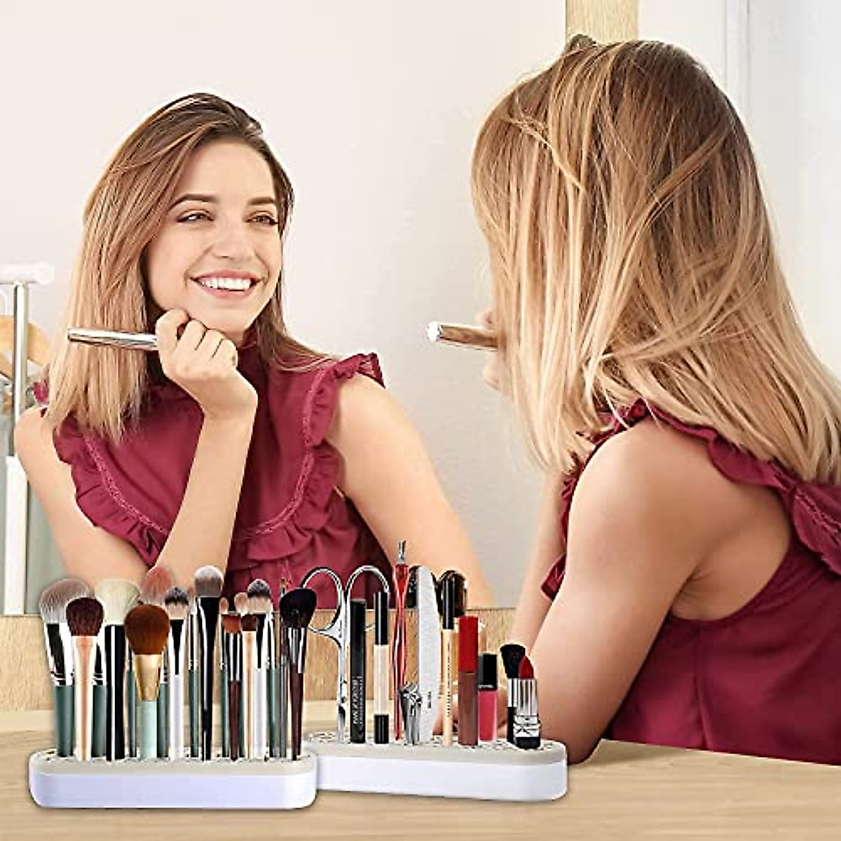 2 Pack Lolalet Silicone Makeup Brush Holder Organizer Sew Desktop Organizers, Multipurpose Make Up Brush Storage Stand for Painting Pen Brushes Eyeliner Pencil Ruler Sewing Craft Tools Stash n Store