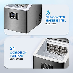 Portable Compact Ice Maker Machine Countertop With Scoop & Basket, 40Lbs/24H Auto Self-Cleaning,24 pcs Ice Cube in 13 Mins, ,Stainless Steel, Perfect for Home/Kitchen/Office/Bar (Black)
