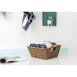 Handmade Woven Wicker Storage Baskets, 2-Pack, Seagrass Shelf Baskets for Organizing & Sorting, Toilet Paper Towel Holder Basket with Wooden Handles, Iron frame, 11.8" x 10.2" x 4.8"