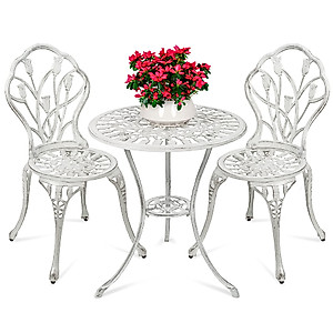 Best Choice Products 3-Piece Outdoor Rust-Resistant Cast Aluminum Patio Bistro Set w/Tulip Design, Antique Finish - White
