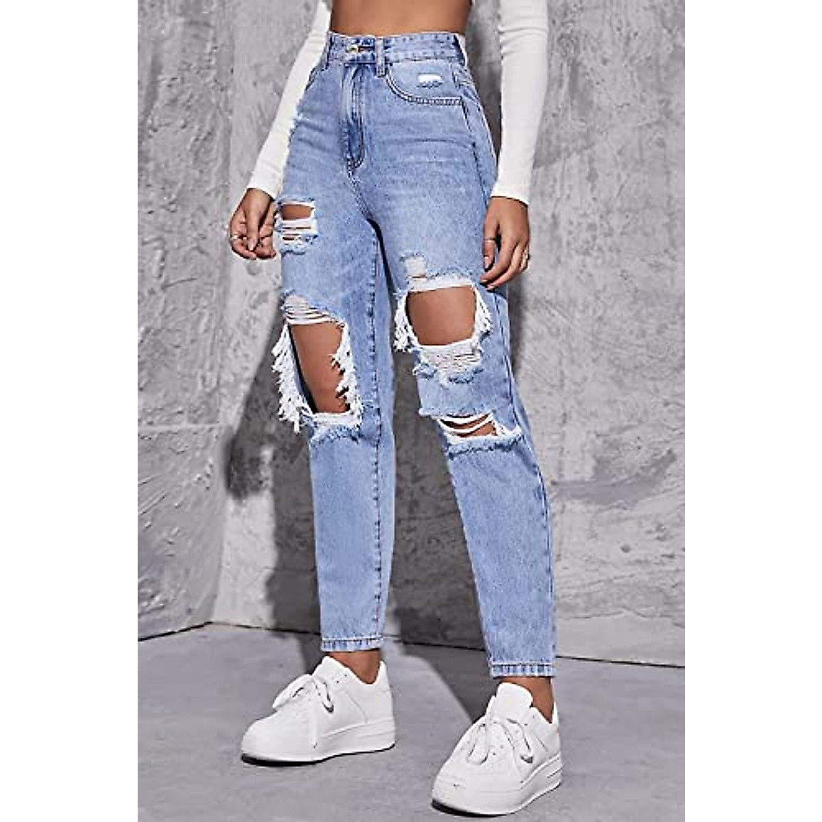 LINUMIN Women's High Waist Straight Leg Ripped Jeans Distressed Denim Pants (Blue, XL)