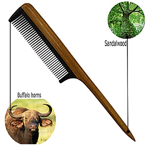 MAYMII Natural Black Buffalo Horn Green Sandalwood Wood Handmade Hair Comb No Static Wooden Top Tooth Teasing Tail Comb