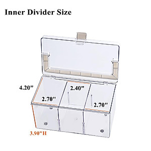 BangQiao Clear Small Plastic Storage Box with Handle, Hinged Lid and 3 Adjustable Compartments, Portable Organizer Case for Sewing, Stationery, Chalk, Art&Craft Supplies, Makeup, First Aid Kit