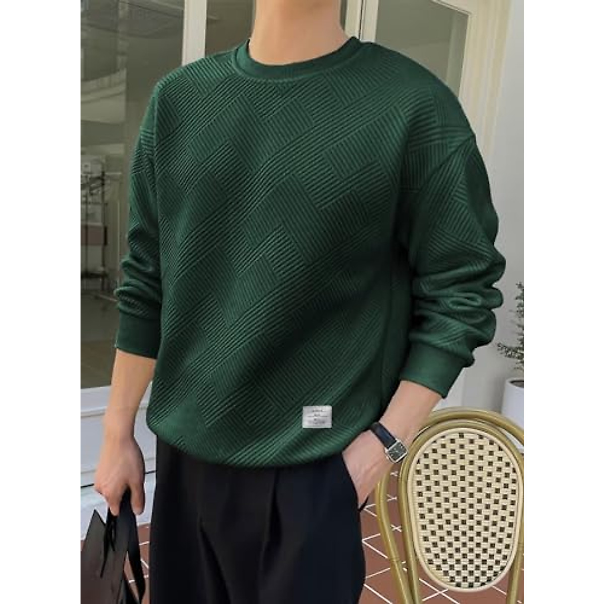 Dokotoo Men Mens Solid Color Crewneck Sweatshirt Lightweight Geometric Texture Long Sleeve Casual Pullover Sweatshirts Green Medium