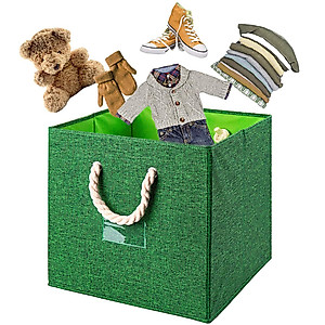 i BKGOO Foldable Storage Cube Bins,Green Linen Fabric Collapsible Resistant Basket Box Organizer with Cotton Rope Handle for Home Office and Nursery 13x13x13 inch