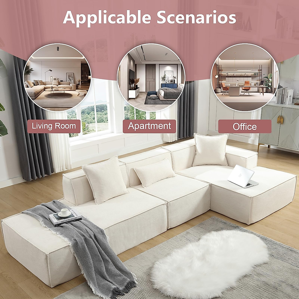 HZANHY 129" Modular Sectional Sofa Couch, L-Shape Upholstered Cloud Couch, Modern Minimalist Couches for Living Room, Deep Seat Corner Couch, Right Facing Chaise