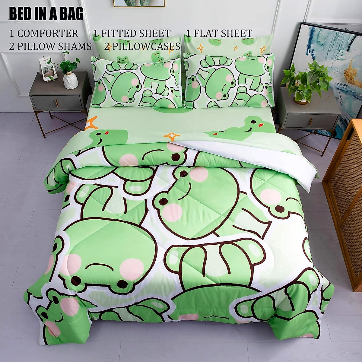MUSOLEI 7 Piece Frog Comforter Set Frog Bedding for Kids Boys and Girls Frog sheets set Frog Bedding set Twin Size Bedding Sets for All Season (1 Comforter, 1 Flat Sheet, 1 Fitted Sheet, 4 Pillowcase)