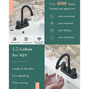 KUZOR Centerset Bathroom Faucets 2 Handle 3 Hole Bathroom Sink Faucet Matte Black Bathroom Faucet 4 Inch Swivel Spout with Pop Up Drain and Water Supply Hoses