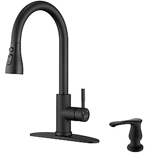 Matte Black Pull Down Kitchen Faucet with Soap Dispenser - High Arc 3-Function Pull Out Kitchen Faucet, Stainless Steel Kitchen Sink Faucet with Pull Down Sprayer Single Hole Single Handle