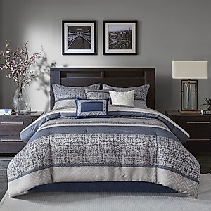 Madison Park Luxury Comforter Set-Traditional Jacquard Design All Season Down Alternative Bedding, Matching Bedskirt, Decorative Pillows, Queen(90"x90"), Rhapsody, Geometric Navy 7 Piece