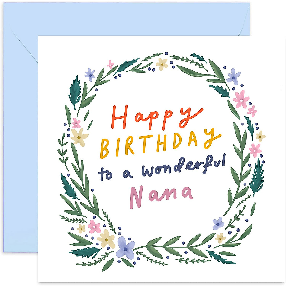 Old English Co. Floral Wreath Happy Birthday Wonderful Nana Card - Birthday Wishes for Her Greeting Card | For 60th, 70th, 80th, 90th | Blank Inside & Envelope Included