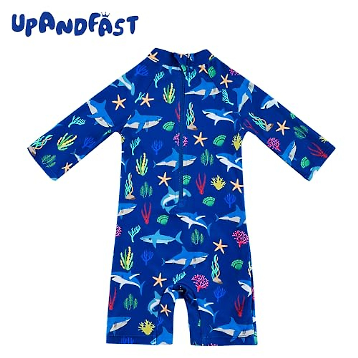 upandfast Baby Boys Swimsuit Long Sleeve One Piece Swimwear Zip Rash Guard Sun Protection (Blue Shark, 24-36 Months)