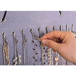 Jewelry Storage Hanging Organizers Large Capacity Wall Mounted Jewelry Organizer Holder Storage with 24 Hooks and Rope Necklace Storage Rack (Style1-Grey)