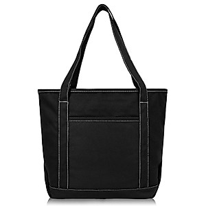 DALIX 20" Solid Color Cotton Canvas Shopping Tote Bag in Black-White