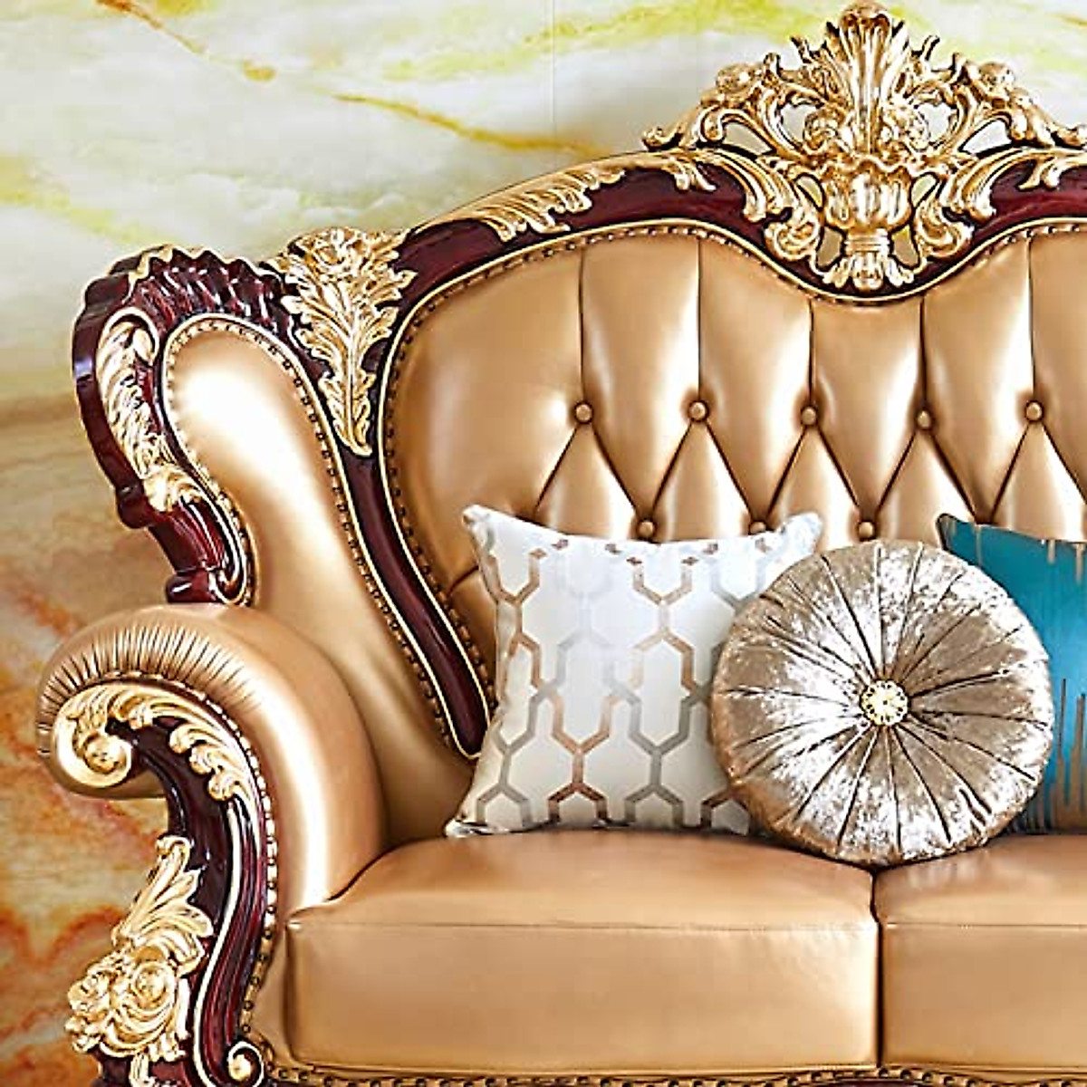 DEKIST Single Solid Wood Sofa, European-Style Leather Red Sandalwood Oak Sofa,5D Double-Sided Carved Luxury Villa Sofa, Suitable for Living Room, Villa, Indoor, Club, Apart