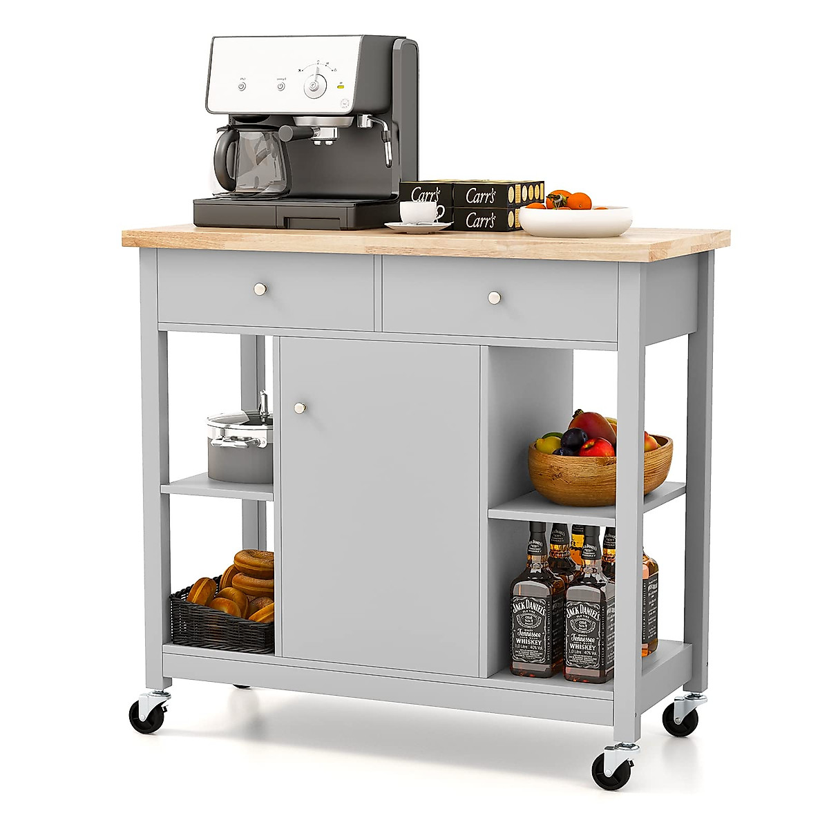 LOKO Kitchen Island on Wheels, Rolling Kitchen Serving Cart with 2 Drawers, 4 Open Shelves & Adjustable Shelf, 3-Tier Kitchen Cart with Rubber Wood Top for Home Kitchen & Coffee Bar, Grey