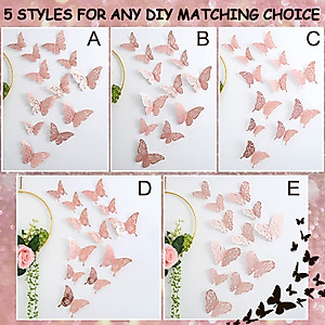 Creative 60PCS Hollow Butterfly Wall Decals 5 Style 3D Butterflies Stickers DIY Removable PVC Refraction Shiny Gold Home Decor for Kids Girl Bedroom Living Room Nursery Playroom Decoration (Rose Gold)