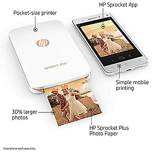HP Sprocket Plus Instant Color Photo Printer, Print 30% Larger Photos on 2.3x3.4 Sticky-Backed Paper – White (2FR85A)