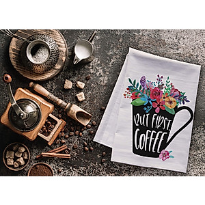 But first, Coffee Flower Filled Cup - Premium Kitchen Towel - Extra large flour sack tea towel, dish towel, cute coffee lover gifts under 20 dollars- Made in the USA