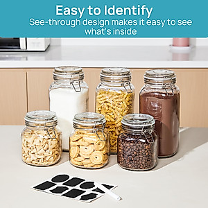 Vtopmart 34oz Glass Food Storage Jars with Airtight Clamp Lids, 3 Pack Kitchen Canisters for Flour, Cereal, Coffee, Pasta and Canning, Square Mason Jar with 8 Chalkboard Labels