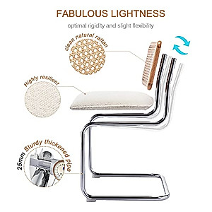 Zesthouse Mid-Century Modern Dining Chairs, Accent Rattan Kitchen Chairs, Armless Mesh Back Cane Chairs, Upholstered Fabric Chairs with Metal Chrome Legs, Set of 2, White