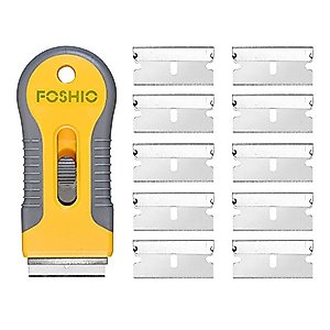 FOSHIO Retractable Yellow Plastic Razor Blade Scraper Tool with 10pcs Extra Carbon Steel Razor Blades for Glass Gasket Label Sticker Remover Tool,Grease Paint Window Razor Scraper