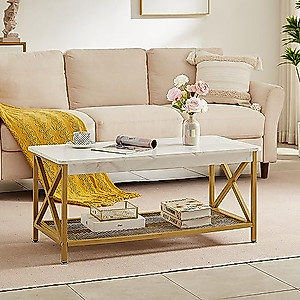 VECELO Coffee Table with Storage Shelf for Living Room,Industrial Style,Easy Assembly, Gold