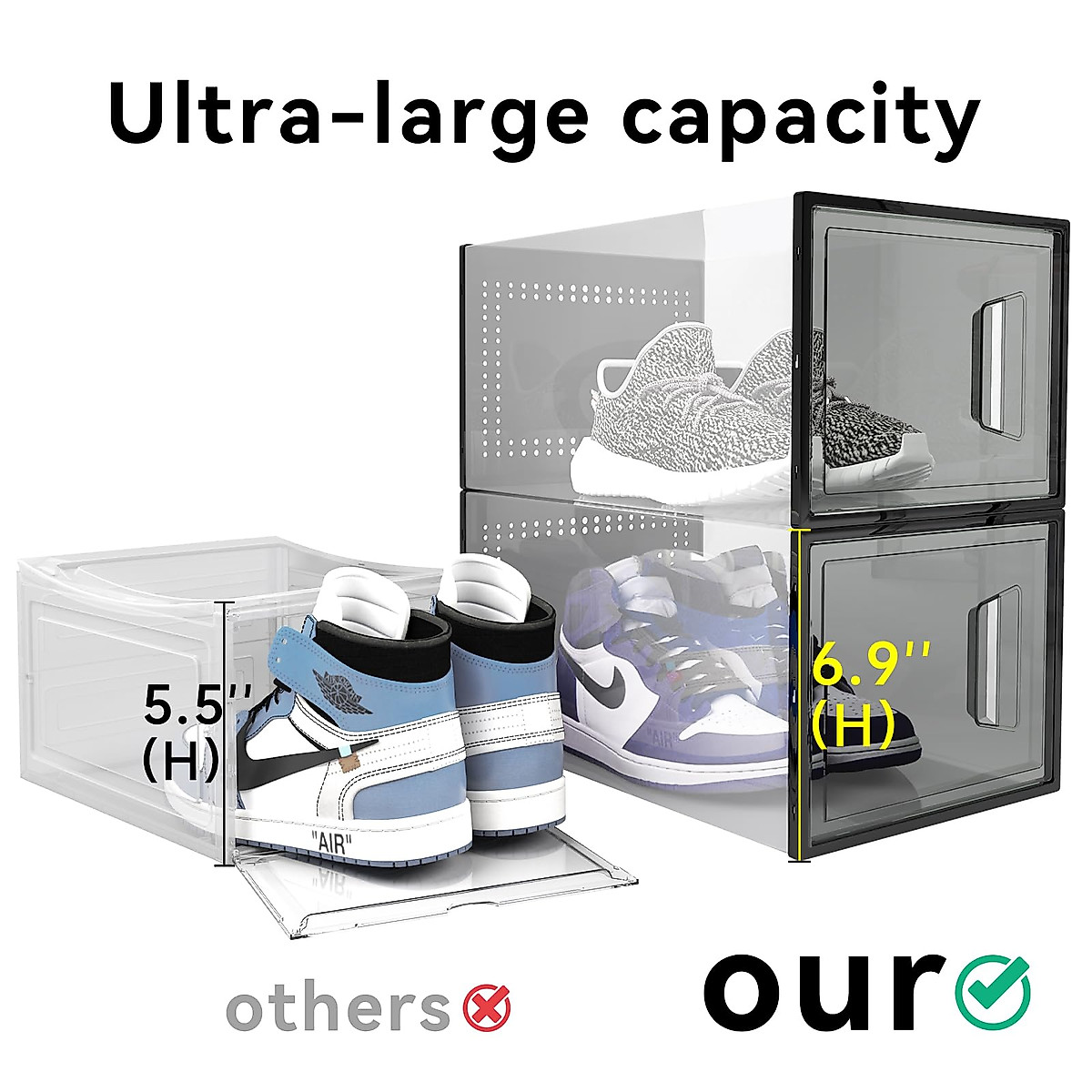 ZZCZZ X-Large Shoe Storage Boxes 12 Pack, Shoe Organizer for Closet, Clear Plastic Substitute Shoe Rack Foldable Durable, Fit for Women/Men High-top shoes, black