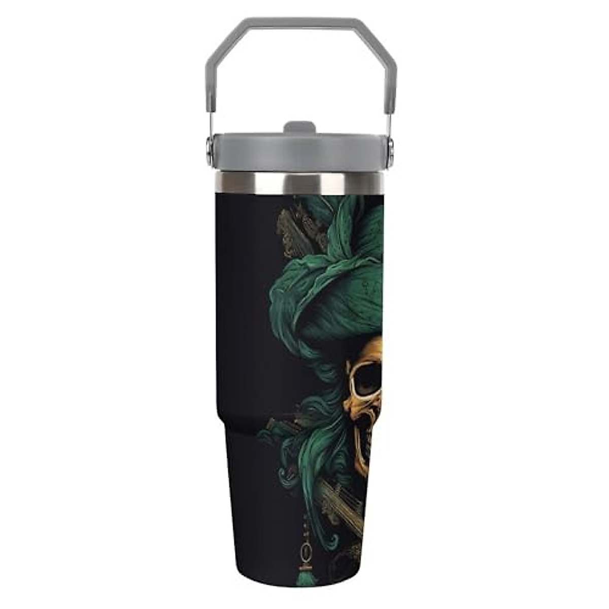 30oz Stainless Steel Insulated Tumbler with Flip Lid & Straw, Leakproof Travel Mug for Car, Pirate Skull Double Wall Vacuum Thermal Coffee Cup with Handle, Spill-Proof Design for Hot/Cold Drinks