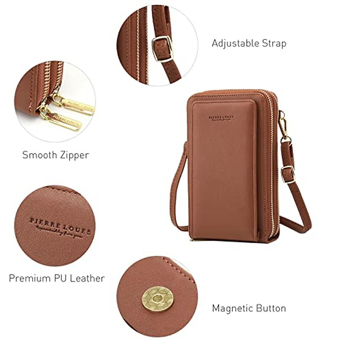 Cell Phone Crossbody Bag for Women Wallet Purse,PU Leather Touch Screen Mini Messenger Wallet with Credit Card Slots-Brown