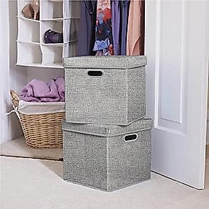 Collapsible Storage Bins With Lids, Linen Fabric Foldable Storage Boxes Closet Organizer Containers With Cover For Home, Office, Bedroom Nursery [2-Pack] (Gray, Metal Handle)