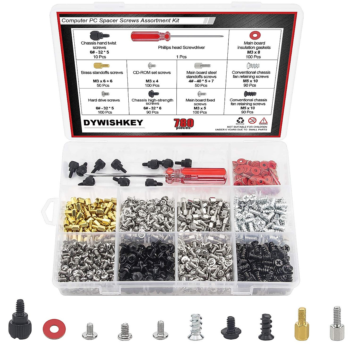 780PCS Computer Screw Kit, DYWISHKEY Computer Screw Standoffs Set Kit for Hard Drive Computer Case Motherboard Fan Power Graphics with a Screwdriver