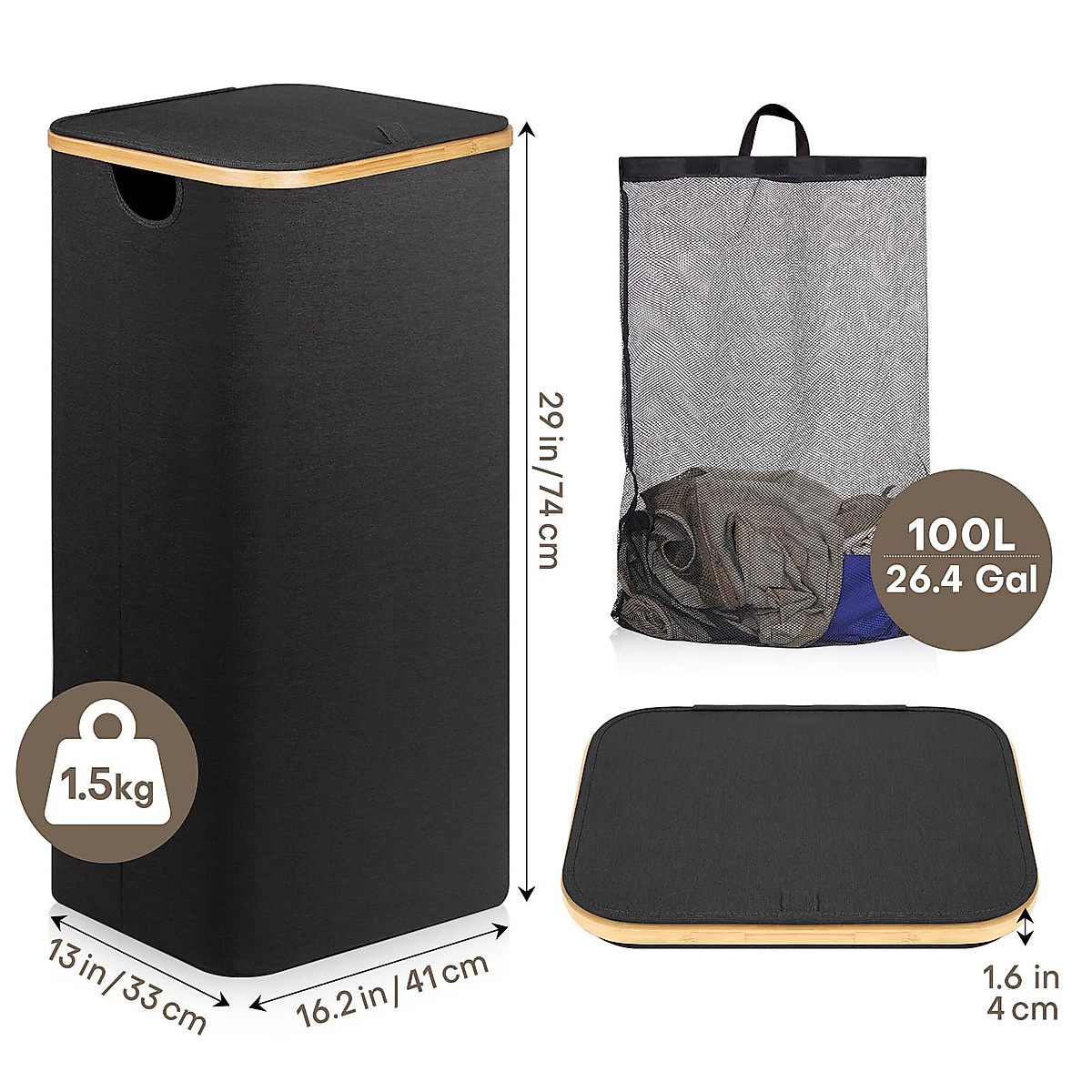 JUNGYOON Laundry Basket with Lid 100L (26.4 Gal) Large & Tall Collapsible Laundry Basket, Removable Laundry Bag Easy to Carry for Bedroom, Bathroom, Dorm, Laundry Room,Toys, Black