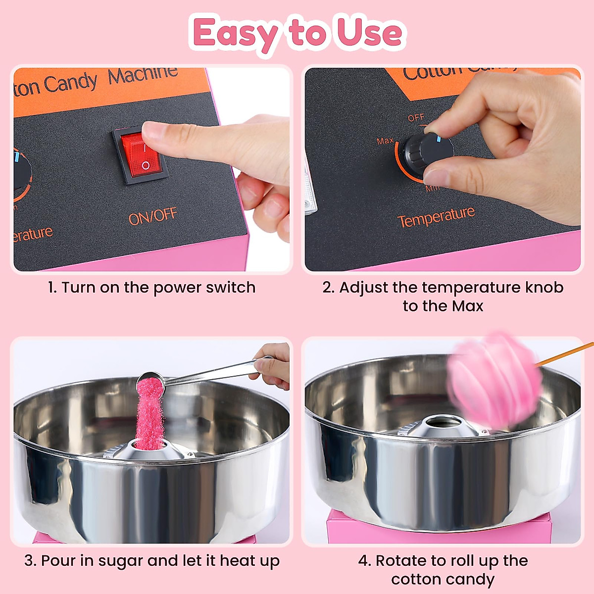 Cotton Candy Machine Commercial, 1000W Efficiently Cotton Candy Maker Machine with Stainless Steel Bowl, Sugar Scoop, Easy & Safe to Use, Candy Floss Maker for Kids, Home, Party, Birthday, Festival