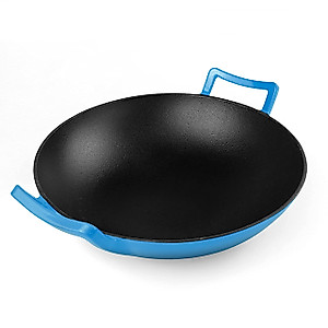 Bruntmor 14 Inch Blue Enameled Cast Iron Wok/Pot - Nonstick Skillet Pan with Large Loop Handles for Versatile Cooking - Oven Safe & Electric Stovetop Compatible - Indoor and Outdoor Culinary Essential