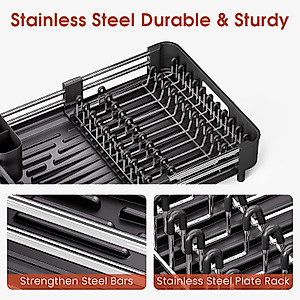 TOOLF Extendable Dish Rack, Dual Part Dish Drainers with Non-Scratch and Movable Cutlery Drainer and Drainage Spout, Adjustable Dish Drying Rack for Kitchen, 1 Piece Black