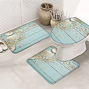 Apular Fashion 3 Piece Bath Rugs Set Starfish Beach Seashell Sand Wood Grain Board Printed Non Slip Ultra Soft Bathroom Mats, U Shape Mat and Toilet Lid Cover Mat Bath Mats